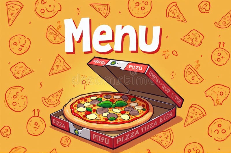 Colorful Pizza Menu Design with Cartoon Icons and Open Pizza Box Stock ...