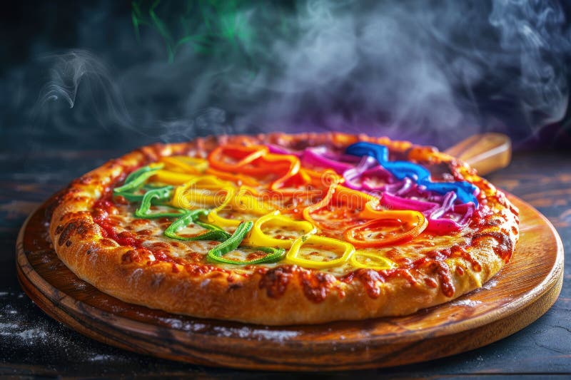A Colorful Pizza on a Wooden Board in Sunlight Stock Photo - Image of ...