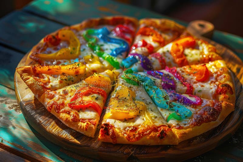 A Colorful Pizza on a Wooden Board in Sunlight Stock Photo - Image of ...
