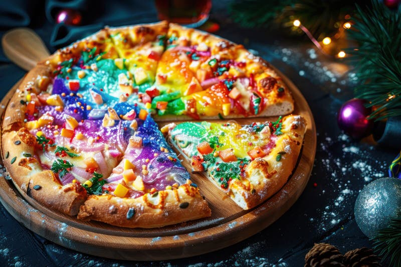 A Colorful Pizza on a Wooden Board in Sunlight Stock Photo - Image of ...