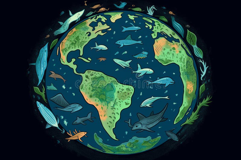 Colorful Planet with Fish in the Ocean. Earth Day Concept Stock ...