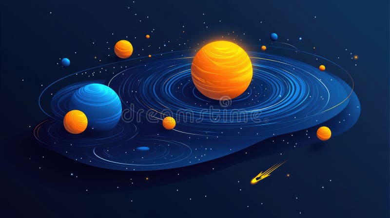 Colorful Planetary System with Glowing Orbits and Comet in Space Stock ...