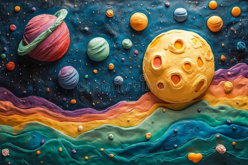 Colorful Planets and Moon Orbiting in the Solar System Made of Clay ...