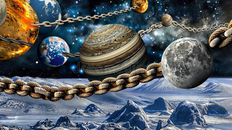 Colorful Planets and Moons Float in a Cosmic Landscape Accompanied by ...