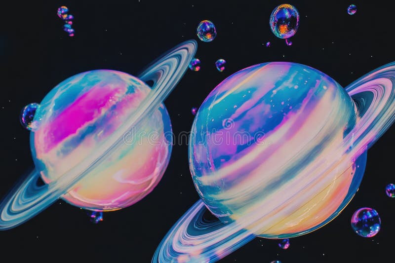 Colorful Planets with Rings and Bubbles Floating in a Cosmic Background ...