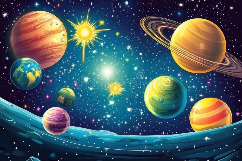 Colorful Planets Stars and Space Galaxy Artwork Stock Illustration ...