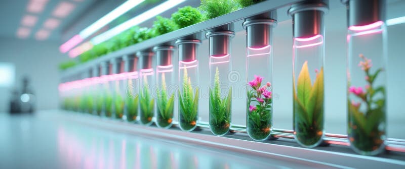 Colorful Plants Growing in Test Tubes Illuminated by Neon Lights in a ...