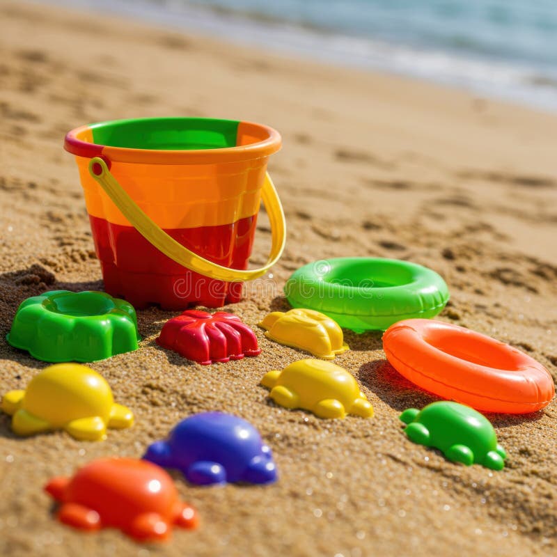 Colorful Plastic Beach Toys on Sandy Beach Stock Illustration - Illustration of toddler ...