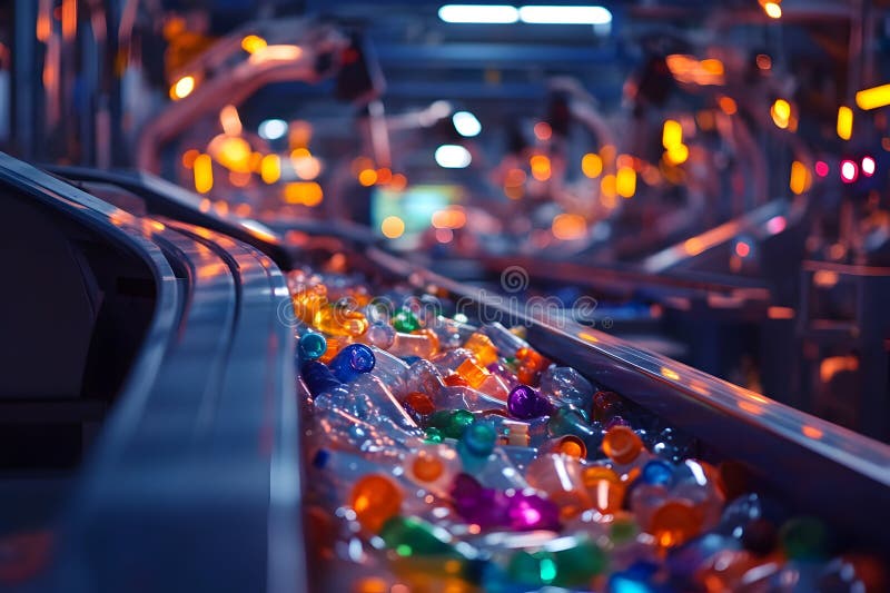 Colorful Plastic Bottles on Recycling Conveyor in Industrial Setting ...