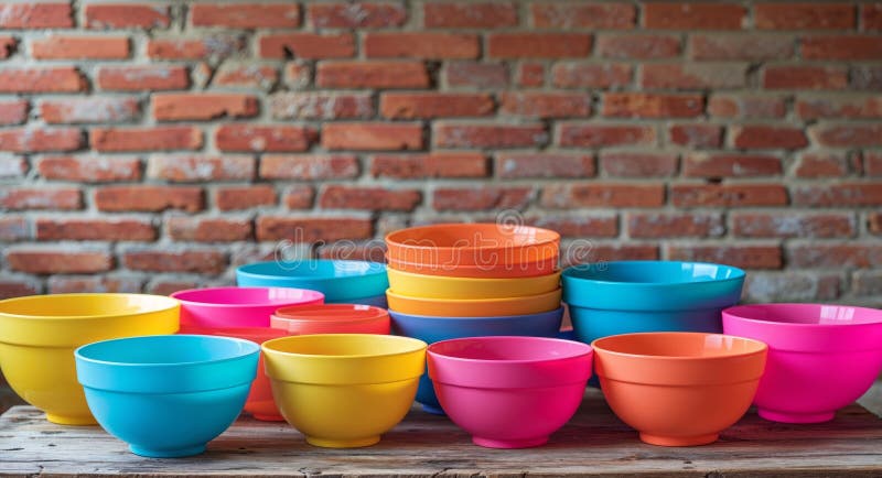 Colorful Plastic Bowls on Table with Brick Wall Background Stock Photo ...