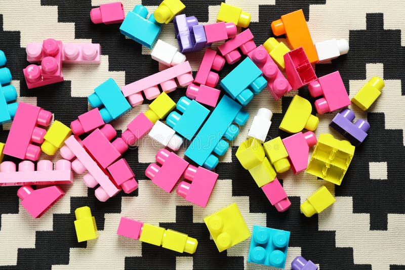 Colorful Plastic Building Blocks on Carpet, Flat Lay Stock Image ...