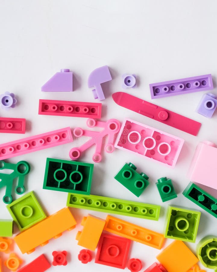 Colorful Plastic Building Blocks Flat Lay on White Background. Child ...
