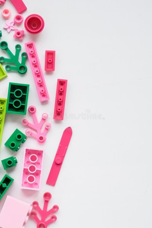 Colorful Plastic Building Blocks Flat Lay on White Background. Child ...