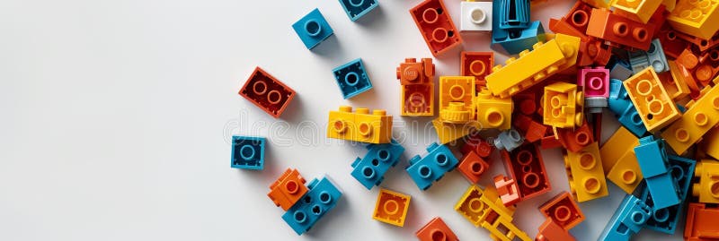 Colorful Plastic Building Blocks Scattered on White Background, Top ...