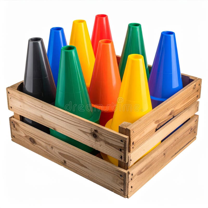 Colorful Plastic Cones in Wooden Crate Stock Illustration ...