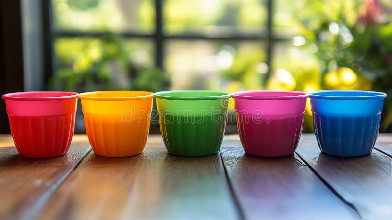 Colorful Plastic Containers Arranged Neatly on a Table in a Creative ...
