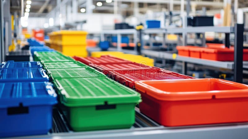 Colorful Plastic Containers Moving on Conveyor Belt in Distribution ...