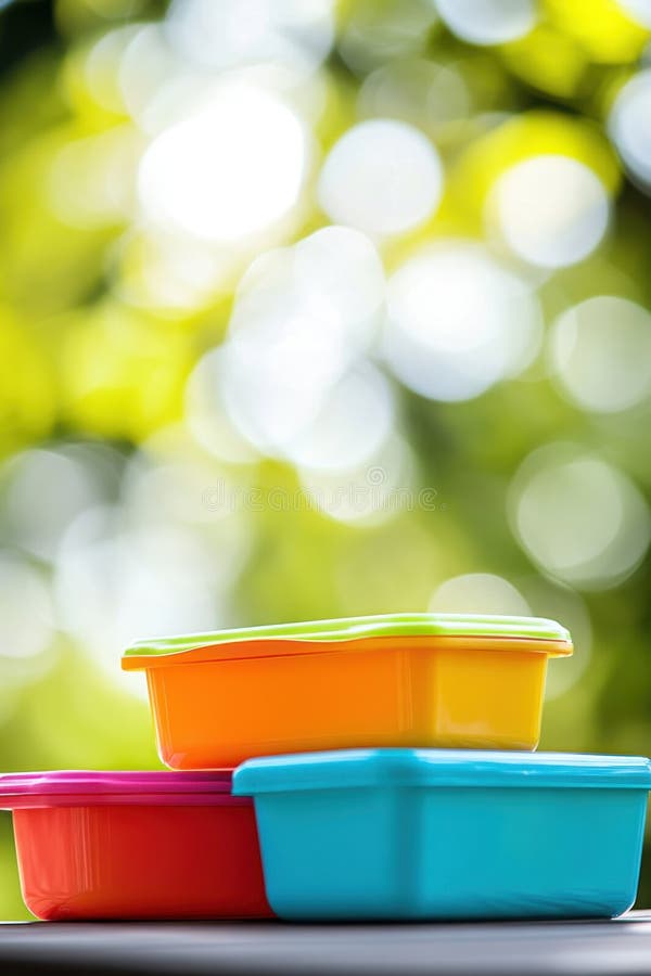 Colorful Plastic Containers Stacked Outdoors with Bright Bokeh ...