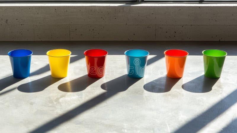 Colorful Plastic Cups Arranged in a Line Casting Shadows in Bright ...
