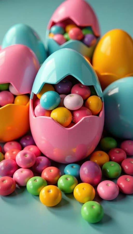 Colorful Plastic Eggs Overflowing with Assorted Candy , Rabbit, Candy ...