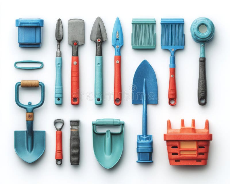 Colorful Plastic Garden Tools Set on White Background Stock ...