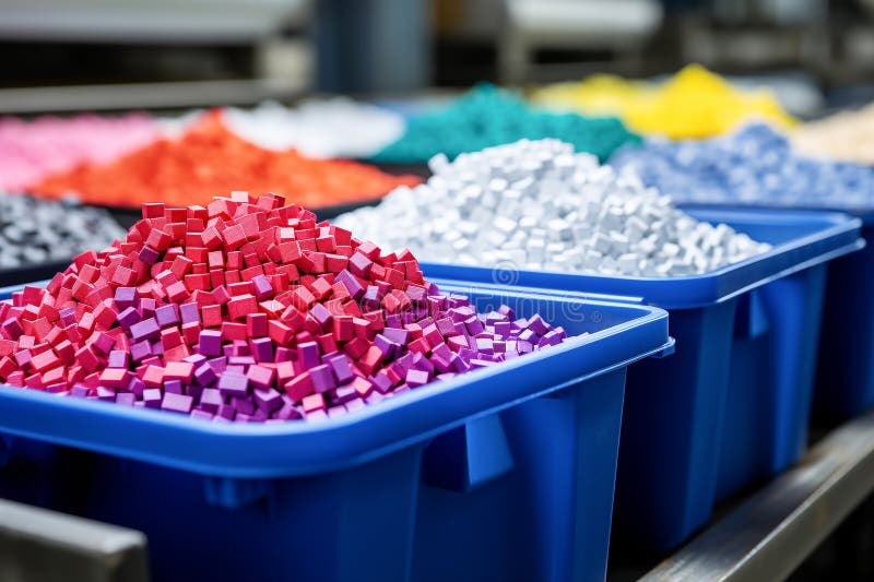 Colorful Plastic Granules Sorted in Blue Bins, Ready for Processing in ...