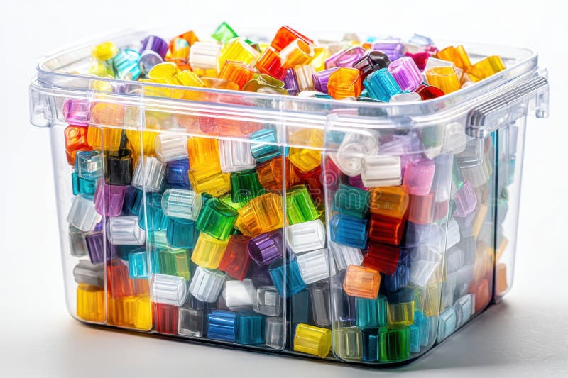 Colorful Plastic Pieces Sorted in a Clear Container Against a White ...