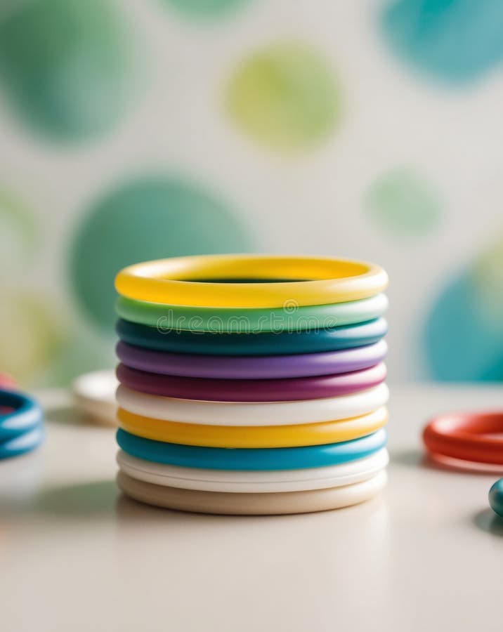 Colorful Plastic Rings Stacked on Blurred Green and Blue Background ...