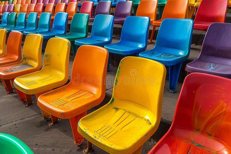 Colorful Plastic Seats Arranged in Rows Create Dynamic Stadium Scene ...