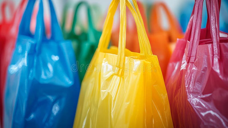 Colorful Plastic Shopping Bags Arranged in a Row. Stock Photo - Image ...