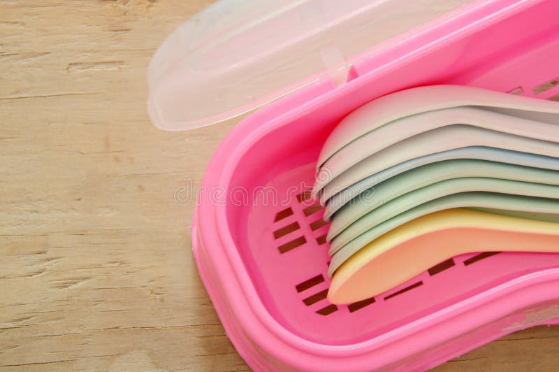 Colorful Plastic Soup Spoon in Pink Box Stock Photo - Image of ...
