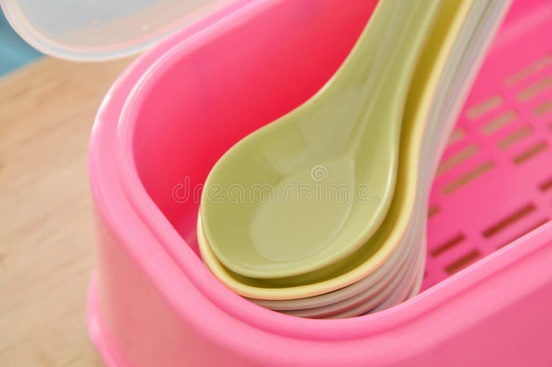 Colorful Plastic Soup Spoon in Pink Box Stock Image - Image of colorful ...