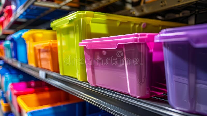 Colorful Plastic Storage Containers on Shelving Stock Image - Image of ...