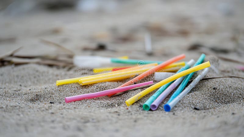 Colorful Plastic Straws on Sandy Beach, Highlighting Ocean Pollution ...