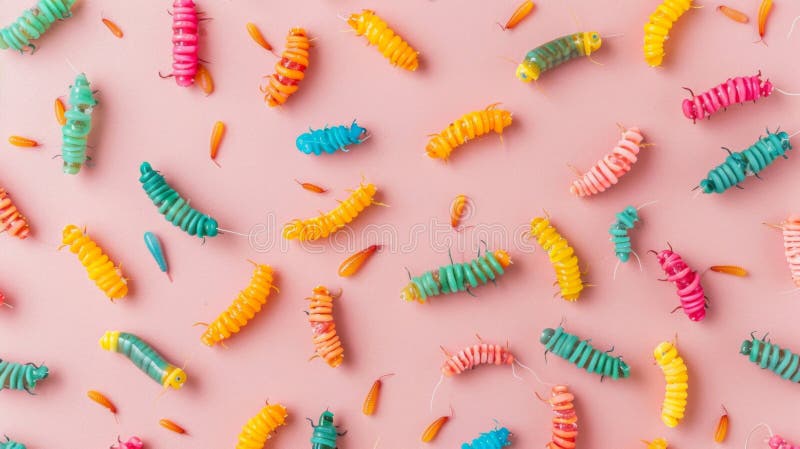 Colorful Plastic Toy Worms Forming a Repetitive Pattern on a Pink ...