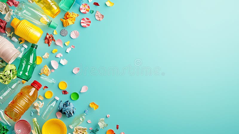 Colorful Plastic Waste Arranged Blue Background, Showcasing Various ...