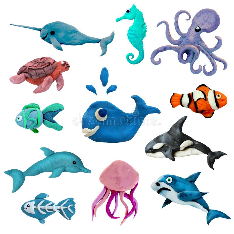Colorful Plasticine 3D Sea Animals Icons Set Isolated on White ... Colorful Plasticine 3D Sea Animals Icons Set Isolated on White ...