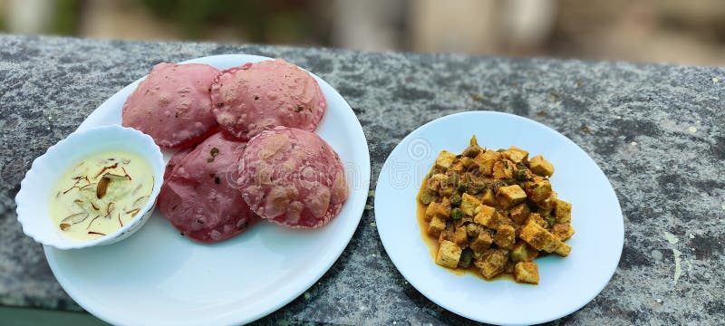 Beetroot Puri, Paneer Masala, and Sweet Dish Delightfully Served ...