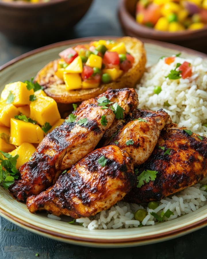 A Colorful Plate Featuring Grilled Chicken, Rice, Mango, and a Fresh ...