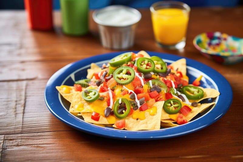 Colorful Plate of Nachos with Jalapeos and Melted Cheese Stock Photo ...