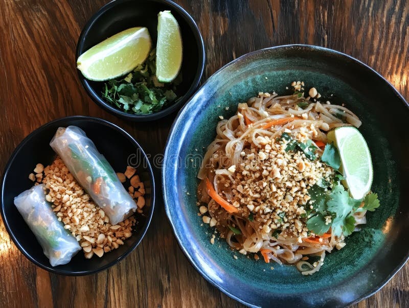A Colorful Plate of Pad Thai with Spring Rolls, Garnished with Lime and ...