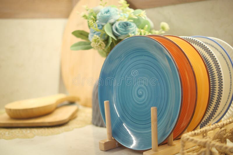 Colorful Plates Displayed Modern Kitchen Setting Stock Photos - Free ...