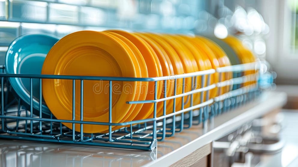 Colorful Plates Drying in a Dish Rack in a Modern Kitchen. Stock Photo ...