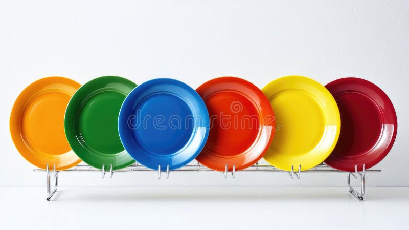 Colorful Plates Lined Up on a Dish Rack on a White Background Stock ...