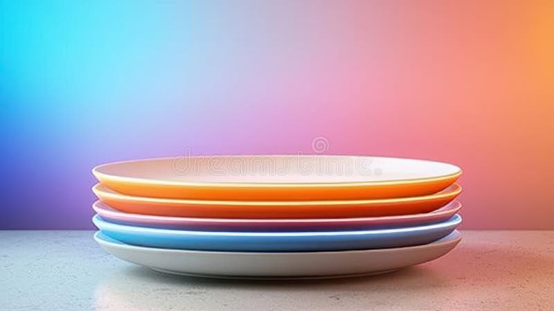 Colorful Plates Stacked on a Table Against a Gradient Background Stock ...