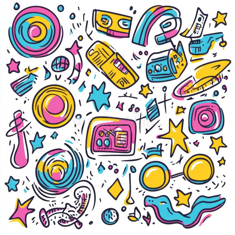 Colorful and Playful Doodles of Retro Music and Dance Elements Stock ...