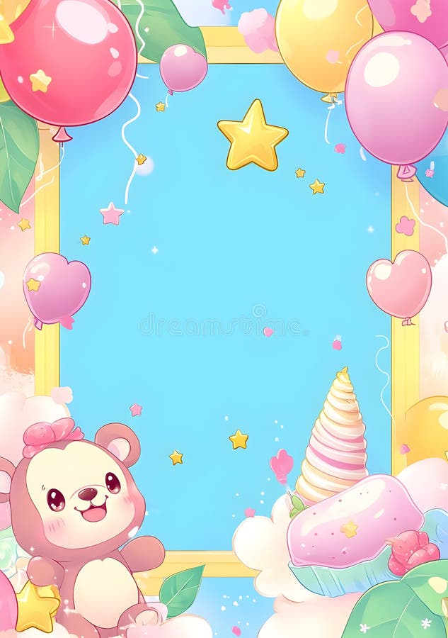 A Colorful, Playful Frame Featuring a Cute Bear, Balloons, and Sweets ...