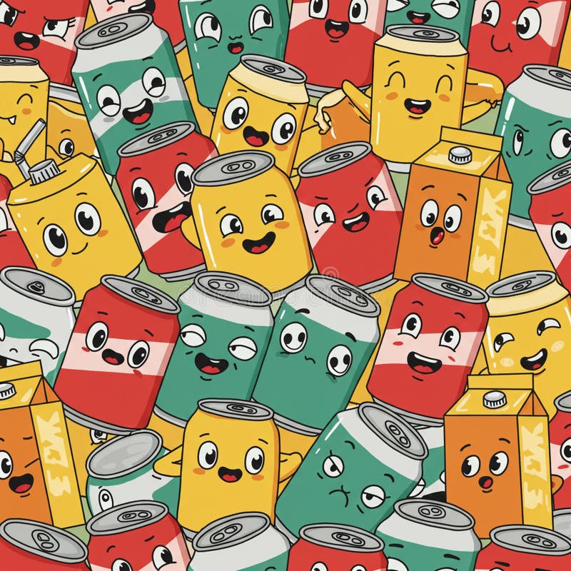 A Colorful, Playful Pattern Featuring Various Cartoon Soda Cans and ...
