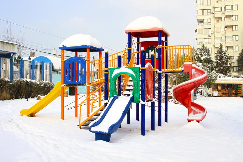 Colorful Playground in a Residence Park. Modern Playground Equipment ...