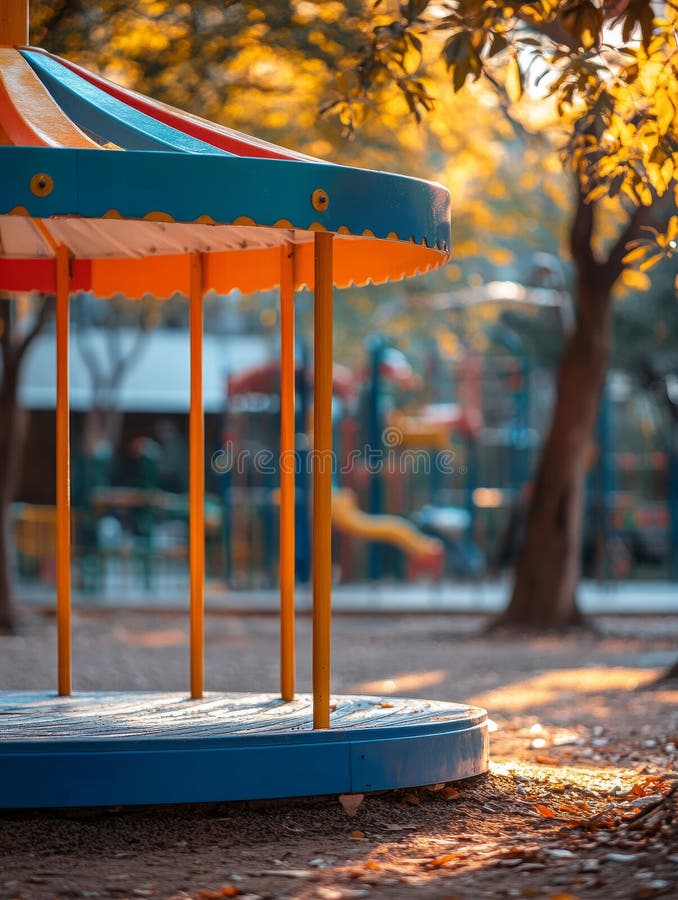Colorful Playground Carousel Under Autumn Trees in Sunlight. Stock ...